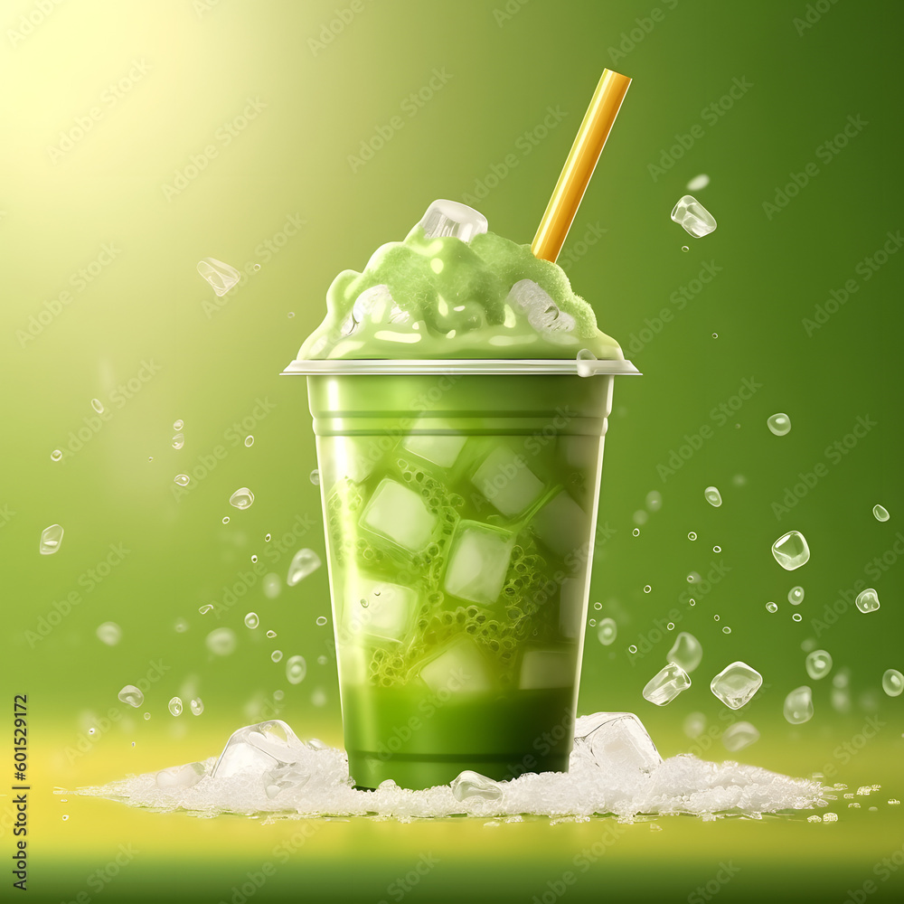 Matcha green tea with bubbles and ice cubes mock-up banner. Cold drink ...