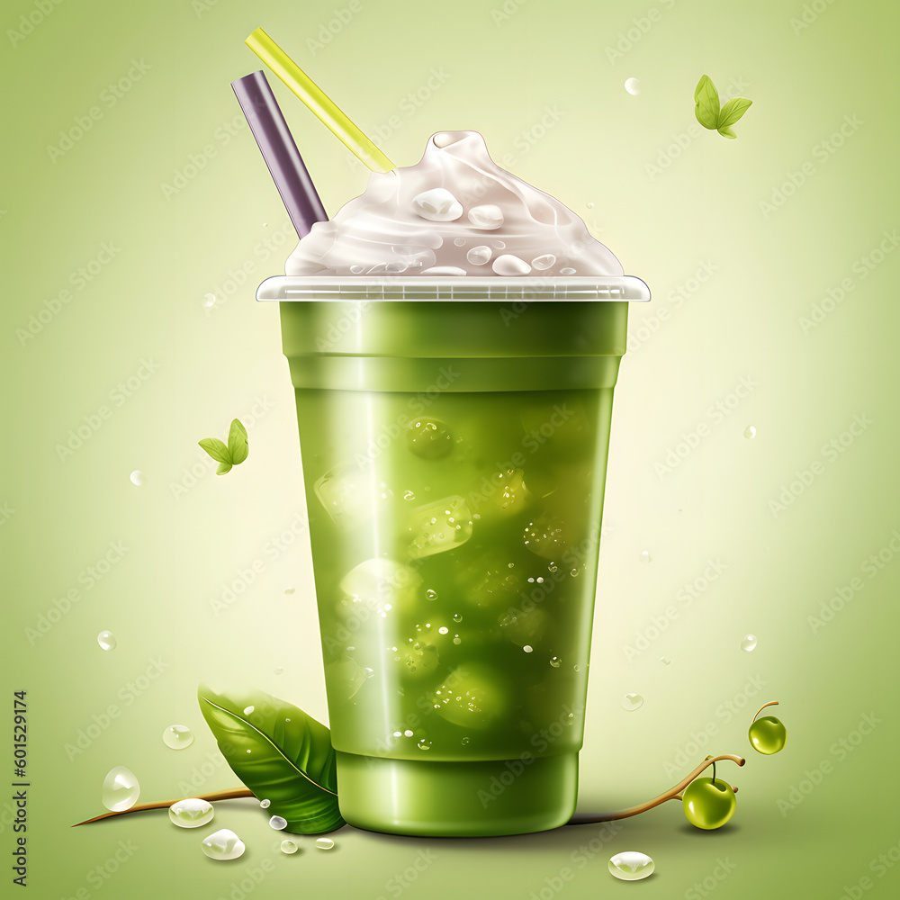 Matcha green tea with bubbles and ice cubes mock-up banner. Cold drink ...