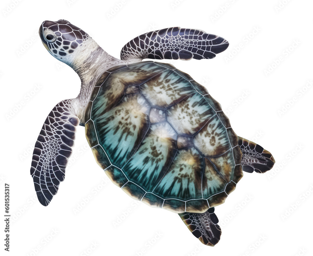 beautiful hawksbill sea turtle swimming, top view, isolated over a ...