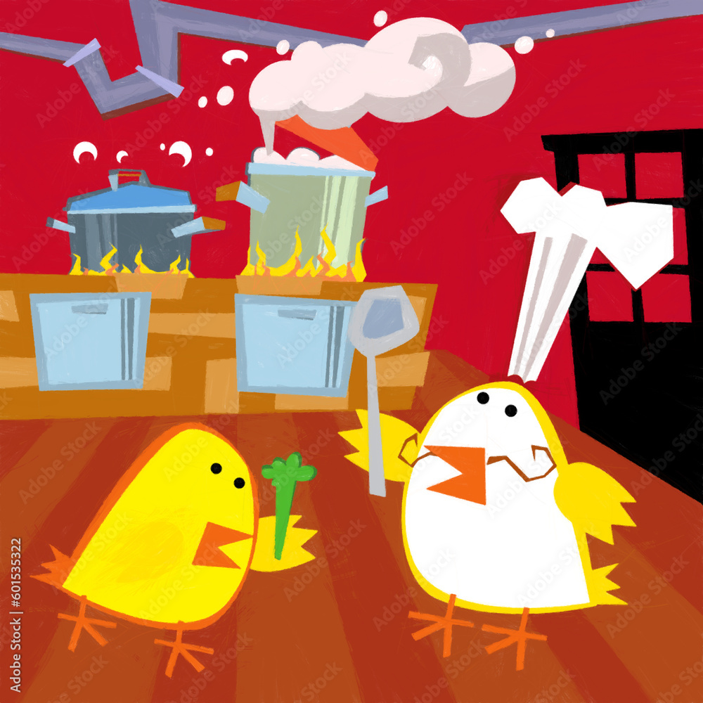 cartoon scene with happy chicken rooster cooking in the kitchen ...
