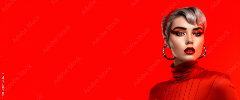 Color studio portrait of a beautiful woman in a high fashion outfit on ...