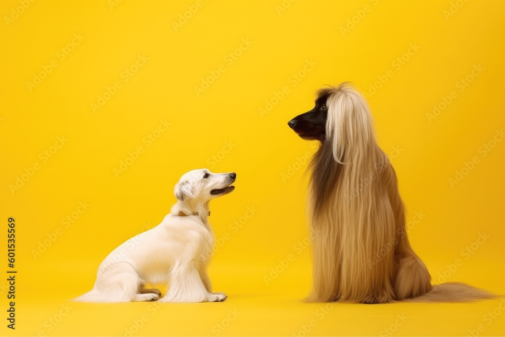 Two dogs are sitting facing each other on a yellow background ...