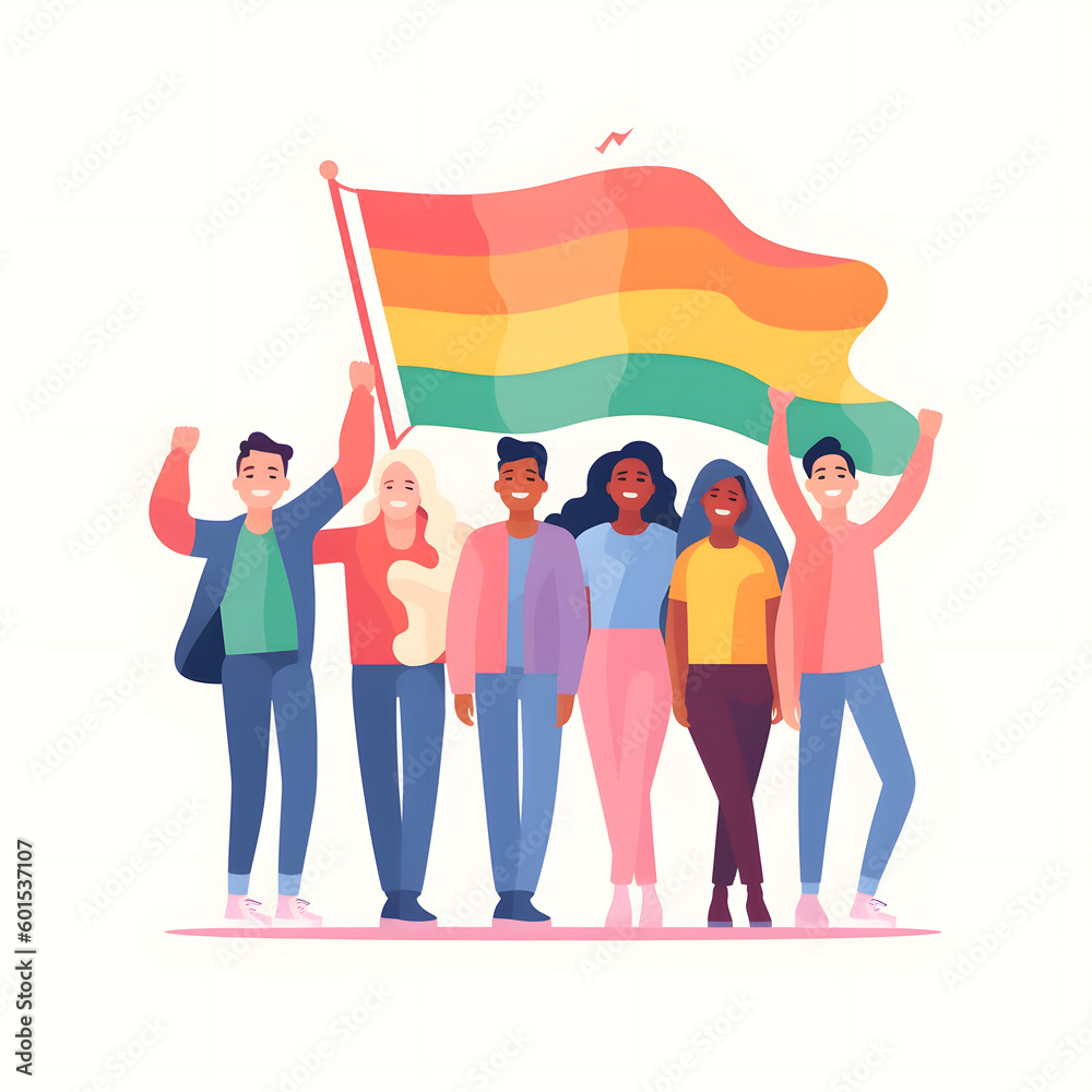 LGBT community. Group of happy people at LGBTQ pride with flags. Sexual ...