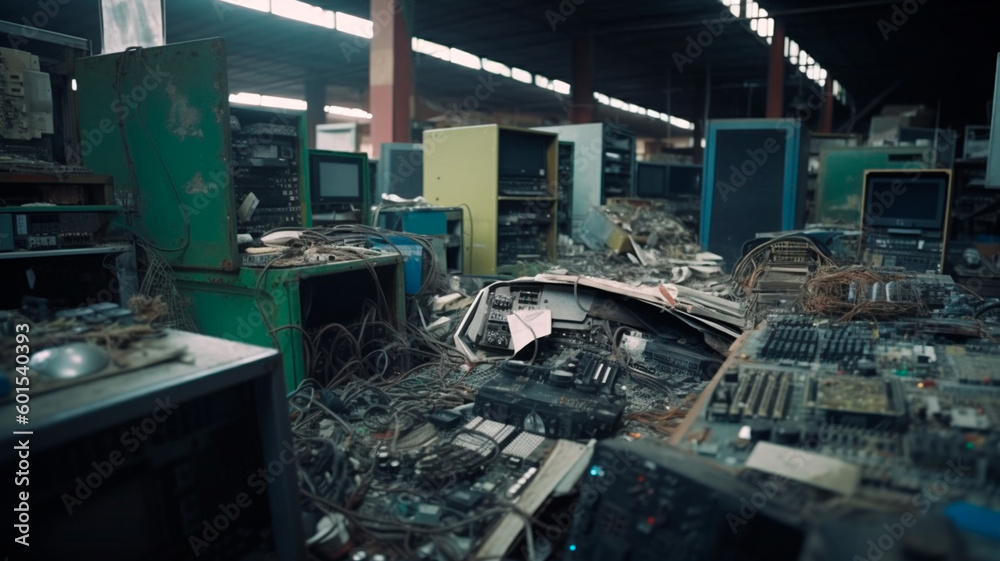 Green technology recycling center with machines sorting electronic ...