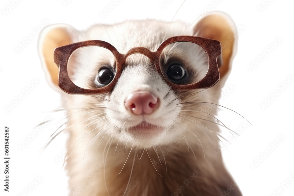 cute smiling ferret with glasses and a contented look isolated on a ...