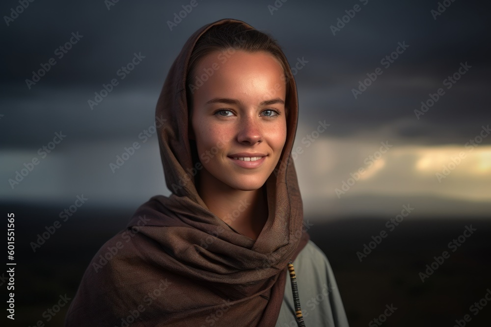 Portrait of a beautiful young woman wrapped in a brown shawl Stock ...