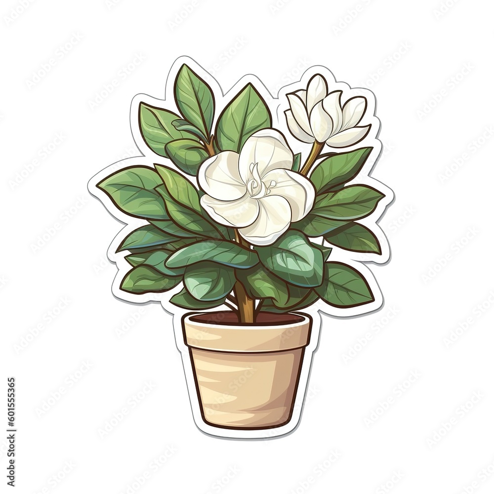 Cartoon sticker of a potted gardenia plant over white background ...