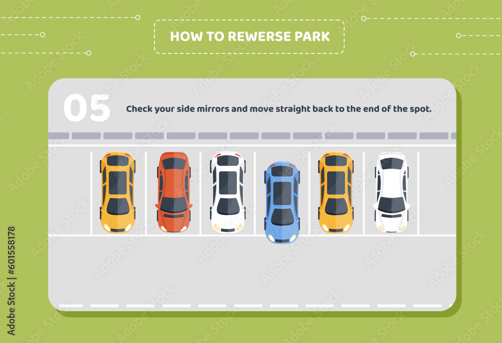 How to parking stage 5. Check your side mirrors and move straight back ...