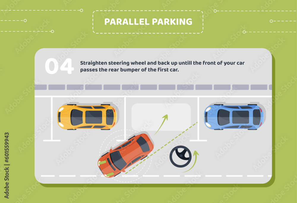 Parallel parking stage 4. Straighten steering wheel and back up until ...