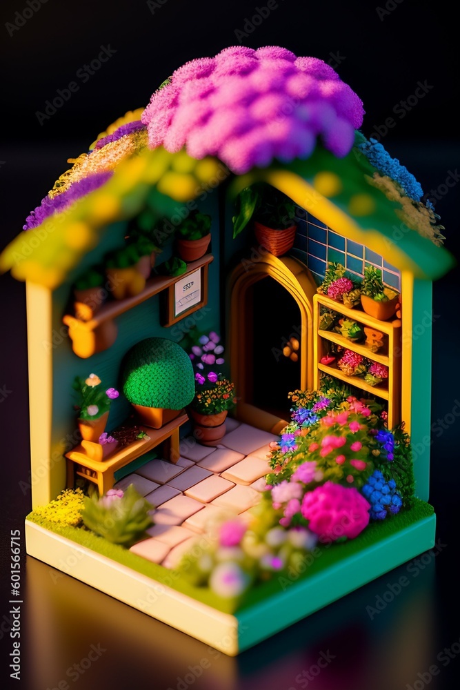isometric diorama, 8-bit, overflowing flower shop, particle effects, 2. ...