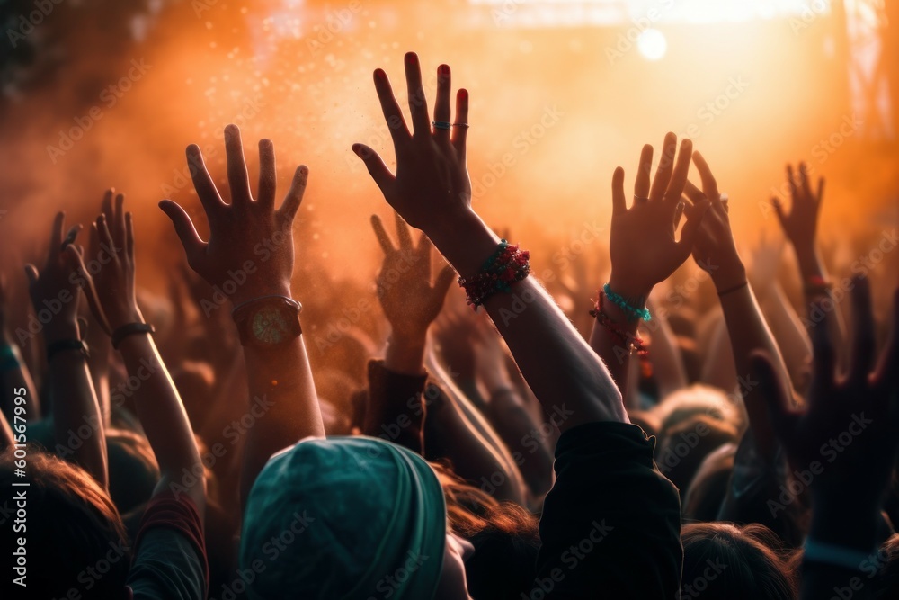 Open air concert, crowd partying stage lights live concert summer music ...