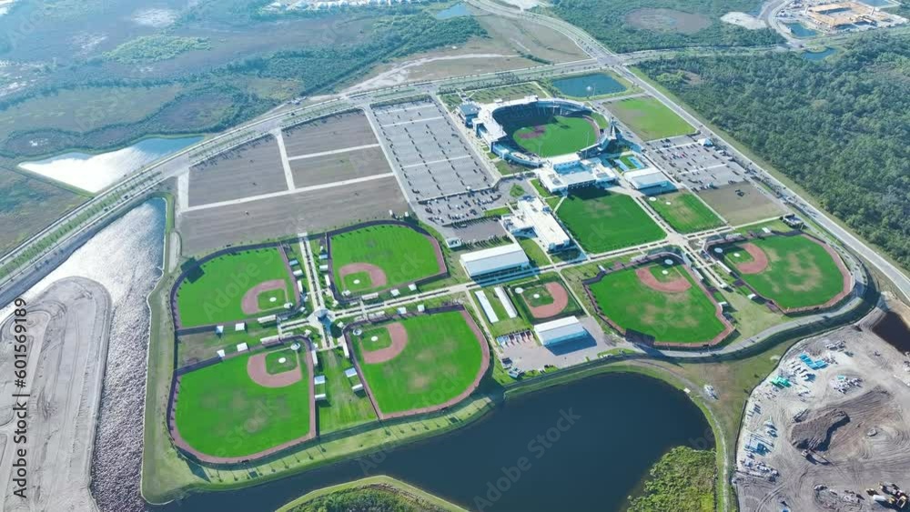 Top view of green baseball field diamond in open air ballpark in rural ...