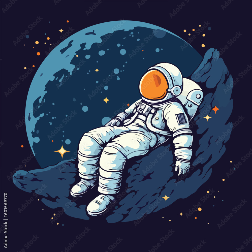 Astronaut in space sleep lie down flying on the moon vintage retro logo ...