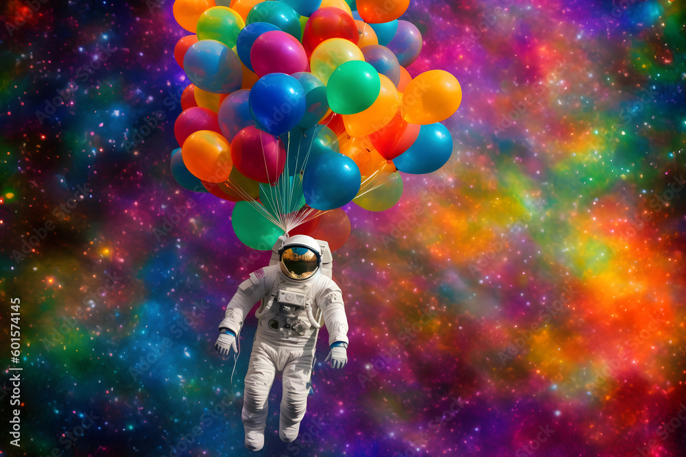 astronaut cartoon floating with balloon planet in space background ...