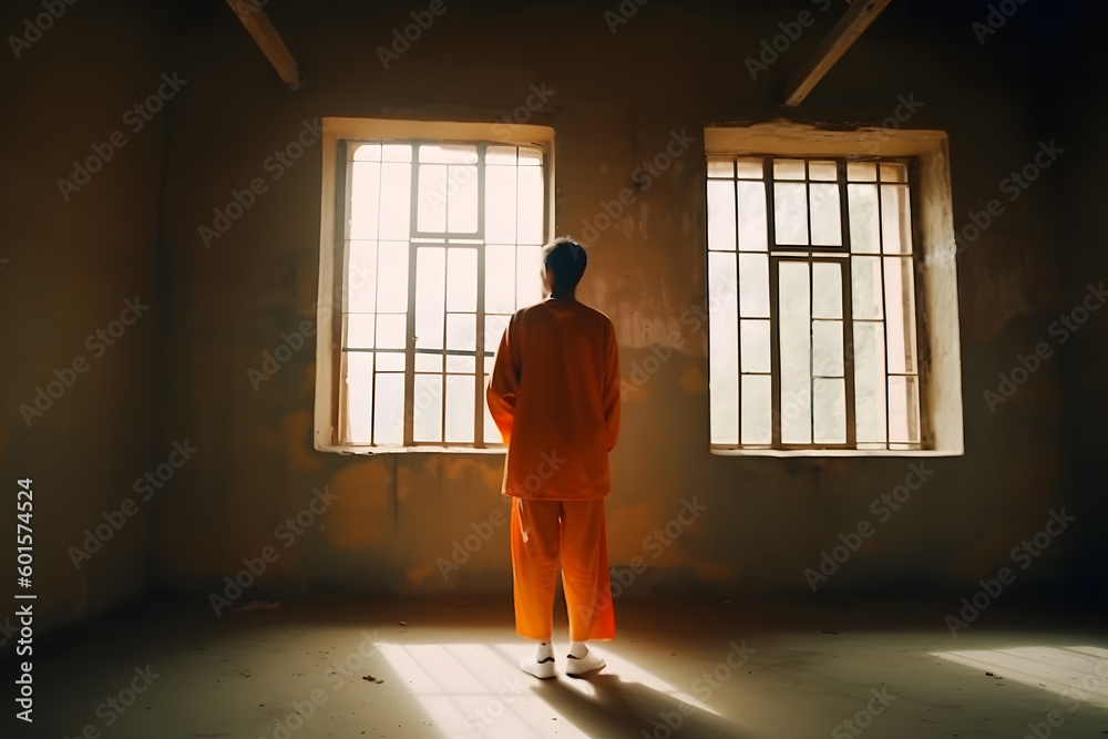 prisoner in orange prison suit in corridor. Neural network AI generated ...