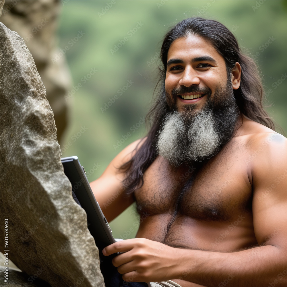 Ancient human using a laptop in a cave, showcasing the advancement of ...