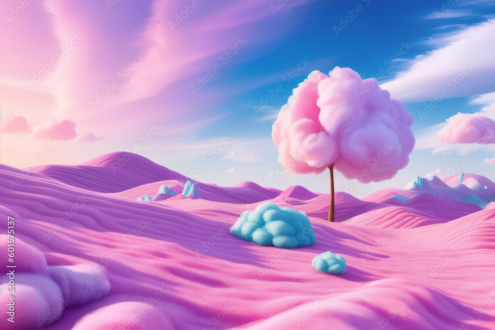 A landscape of soft, sugary colors, with whimsical shapes and clouds of ...