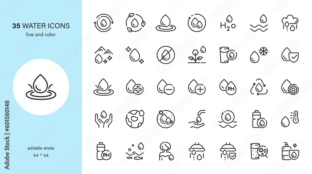 Water Icons Set. Editable Outline Vector Collection of Water Signs ...