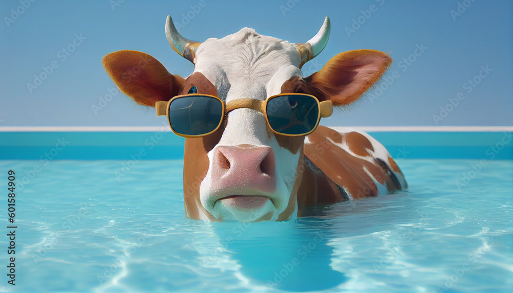 Happy Cow having fun at summer holidays in a swiming in pool Ai ...