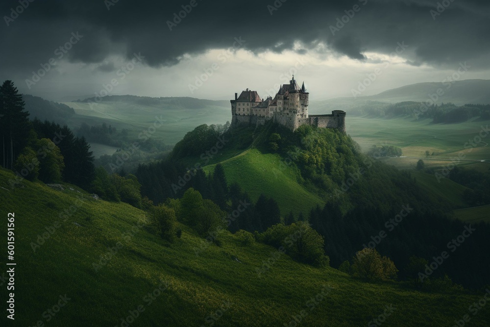 A digital painting of medieval castles in hilly terrain with dark skies ...