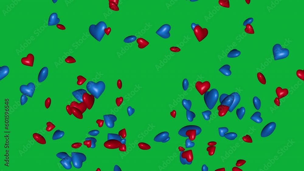 Beautiful 3D hearts falling animation with green screen. Motion graphic ...