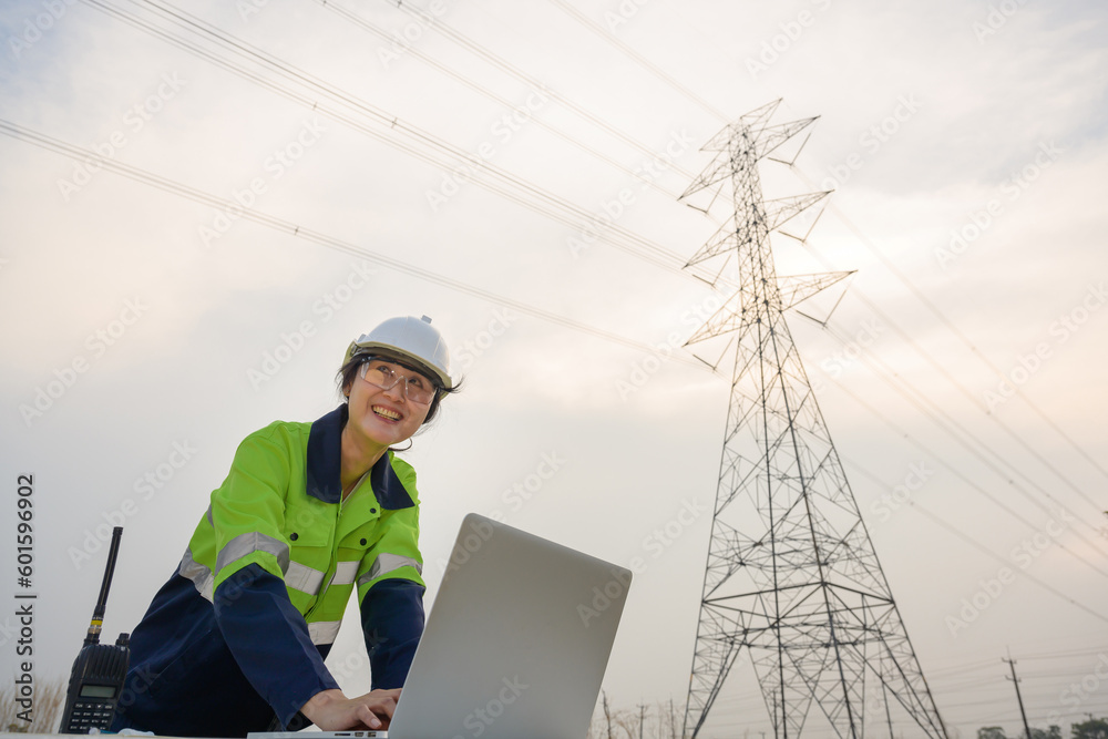 Asian woman electrical engineer Use a laptop computer to stand at the ...