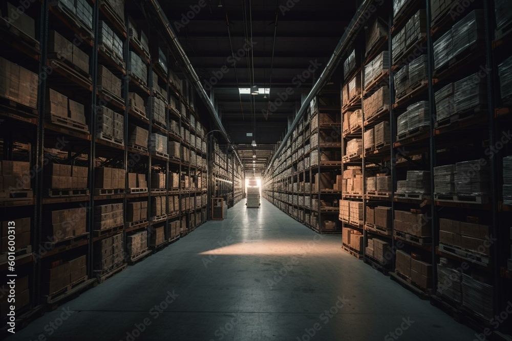 Warehouse interior with loaded shelves and concrete floor. Logistic ...