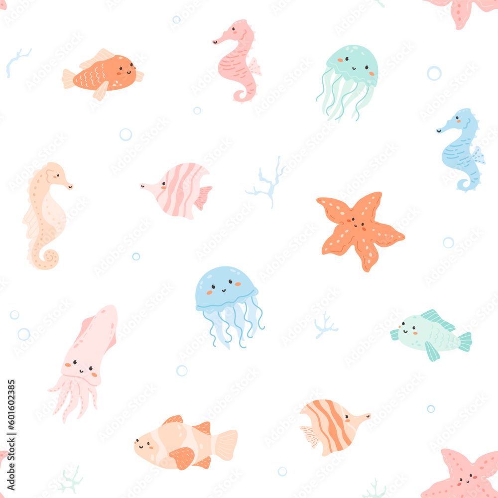 Vecteur Stock Undersea animals, seamless pattern with cute aqua ...