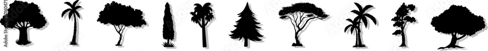 silhouette tree line drawing set, Side view, set of graphics trees ...