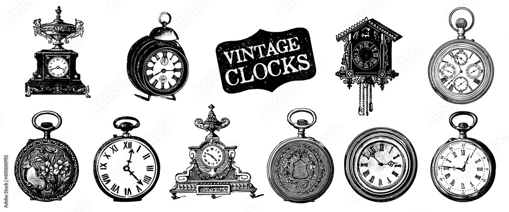 Vintage Clocks Engraving. Mechanism Pocket Watch. Retro Dial Set. Clock ...