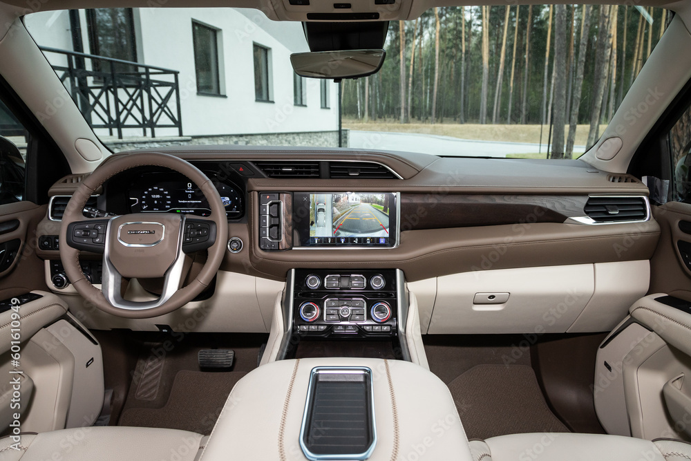 Novosibirsk, Russia - April 25, 2023: black GMC Yukon Denali, cockpit ...