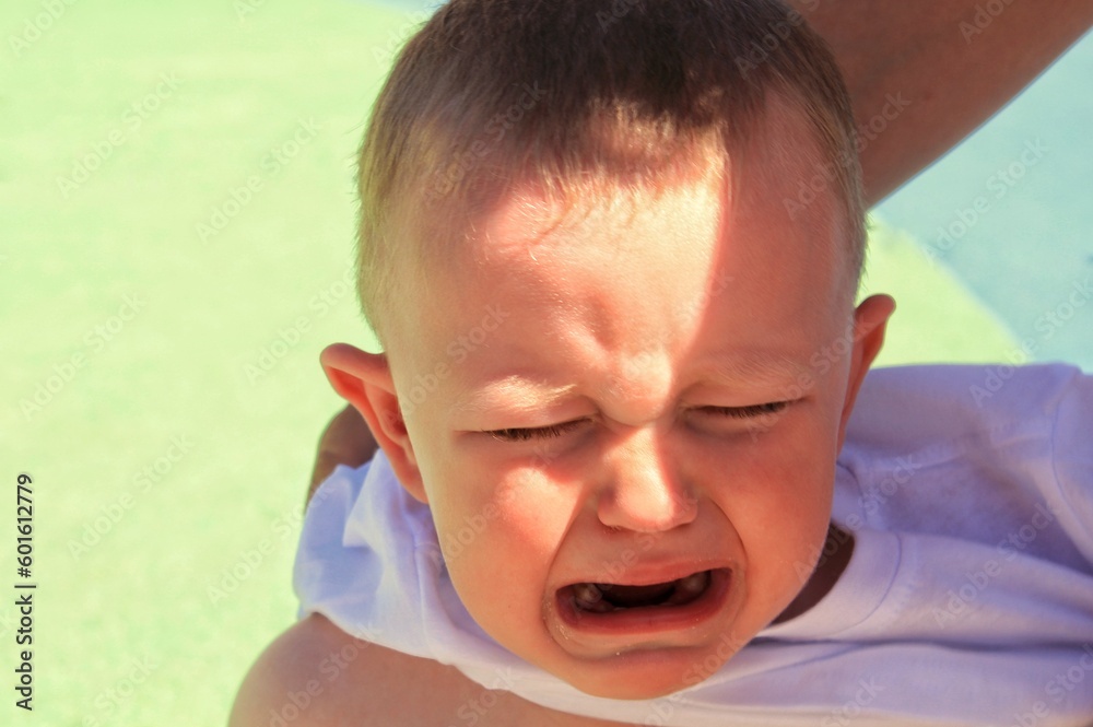 Foto de Sad crying boy with red hair. Emotional portrait of scared little kid. Red-haired angry ...