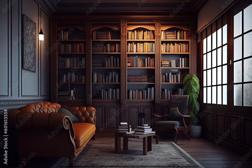 Old library room interior with many books in shelves and sofa ...