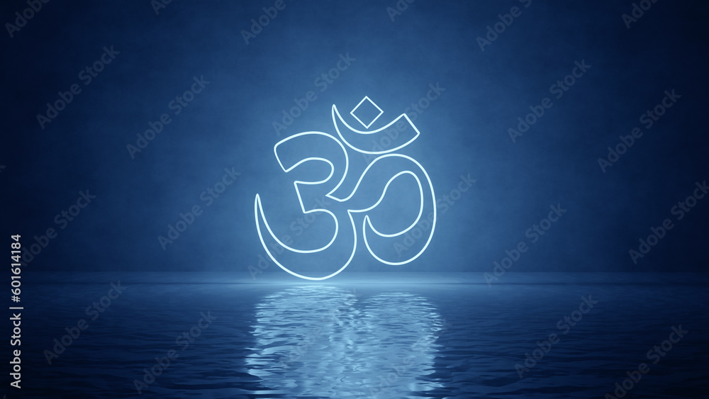 Om symbol with emitting light on a holy water place 3D Stock ...