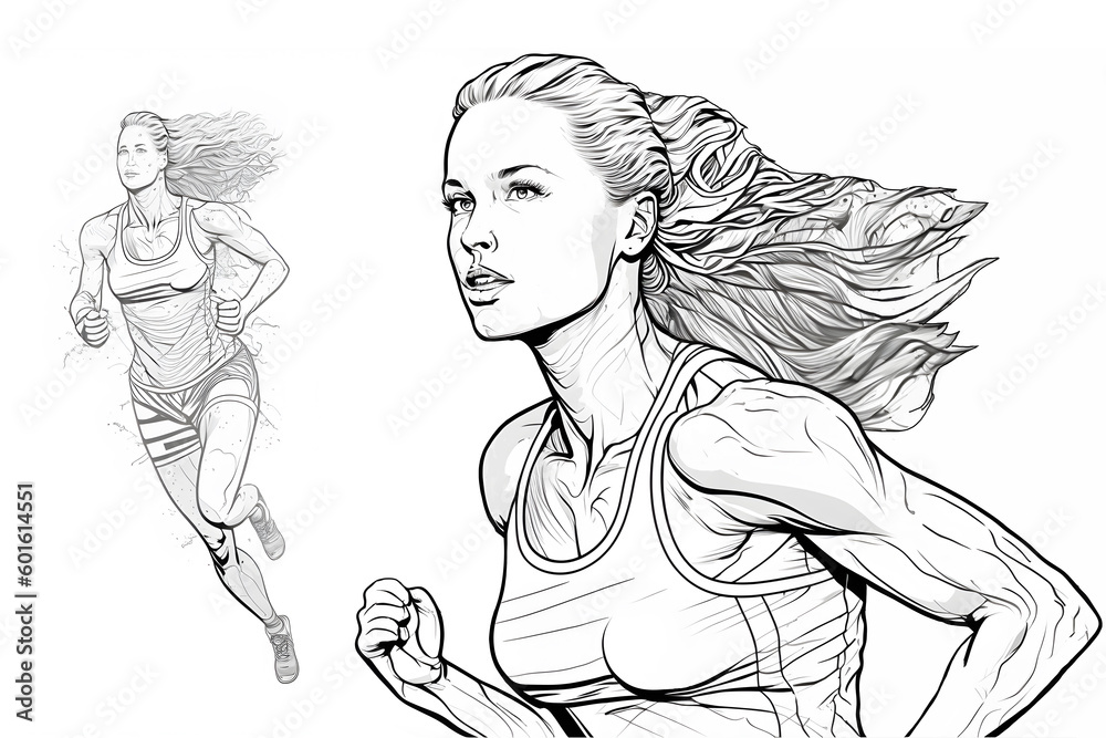 A female athlete runs at competitions. Black and white coloring page ...