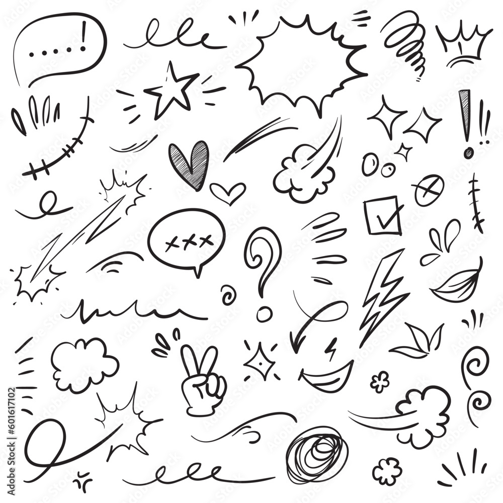 Vector set of hand-drawn cartoony expression sign doodle, curve ...