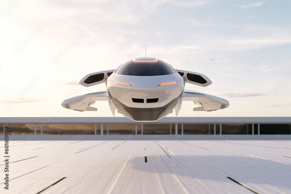 Sports flying car hovering over landing area. Vertical landing flying ...