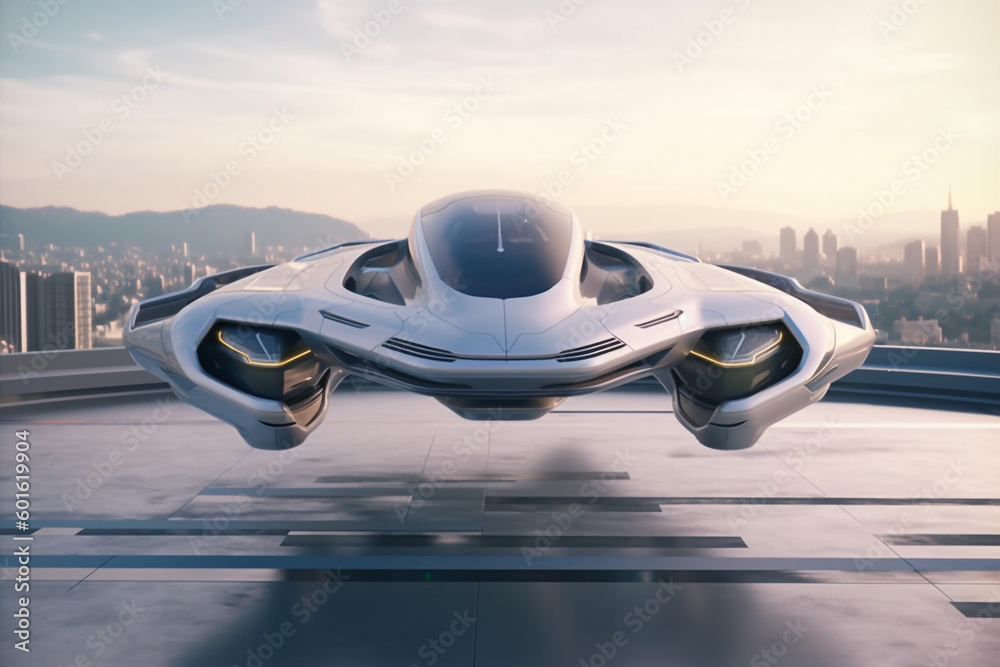 Sports flying car hovering over landing area. Vertical landing flying ...
