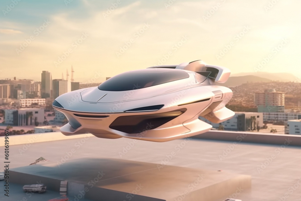 Sports flying car hovering over landing area. Vertical landing flying ...