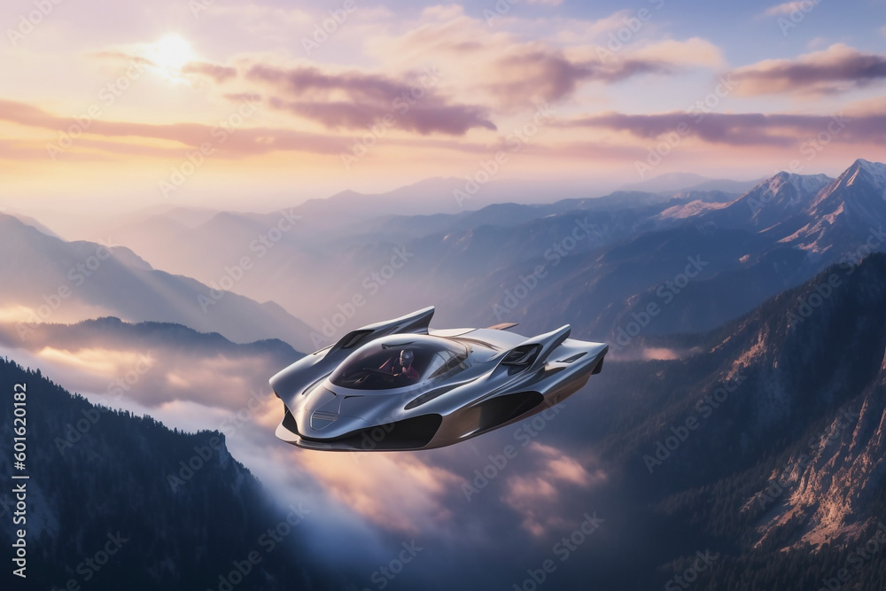 Sports flying car hovering over landscape. Vertical landing flying taxi ...