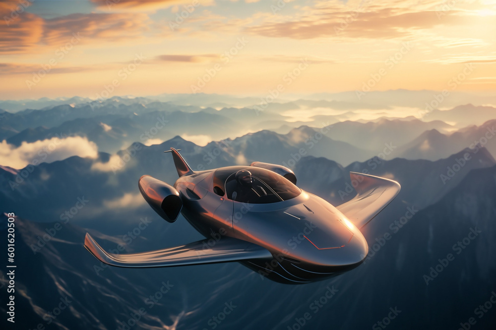 Sports flying car hovering over landscape. Vertical landing flying taxi ...