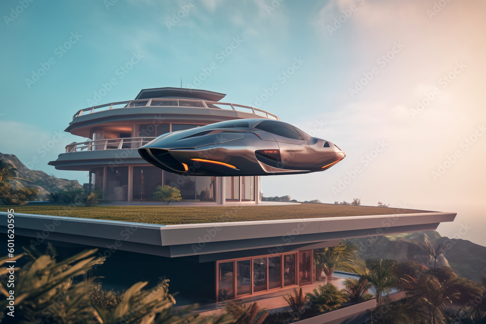 Sports flying car hovering over landscape. Vertical landing flying taxi ...