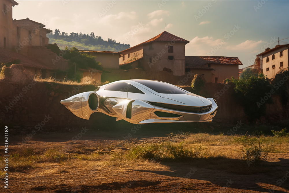 Sports flying car hovering over landscape. Vertical landing flying taxi ...
