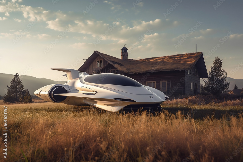 Sports flying car hovering over landscape. Vertical landing flying taxi ...