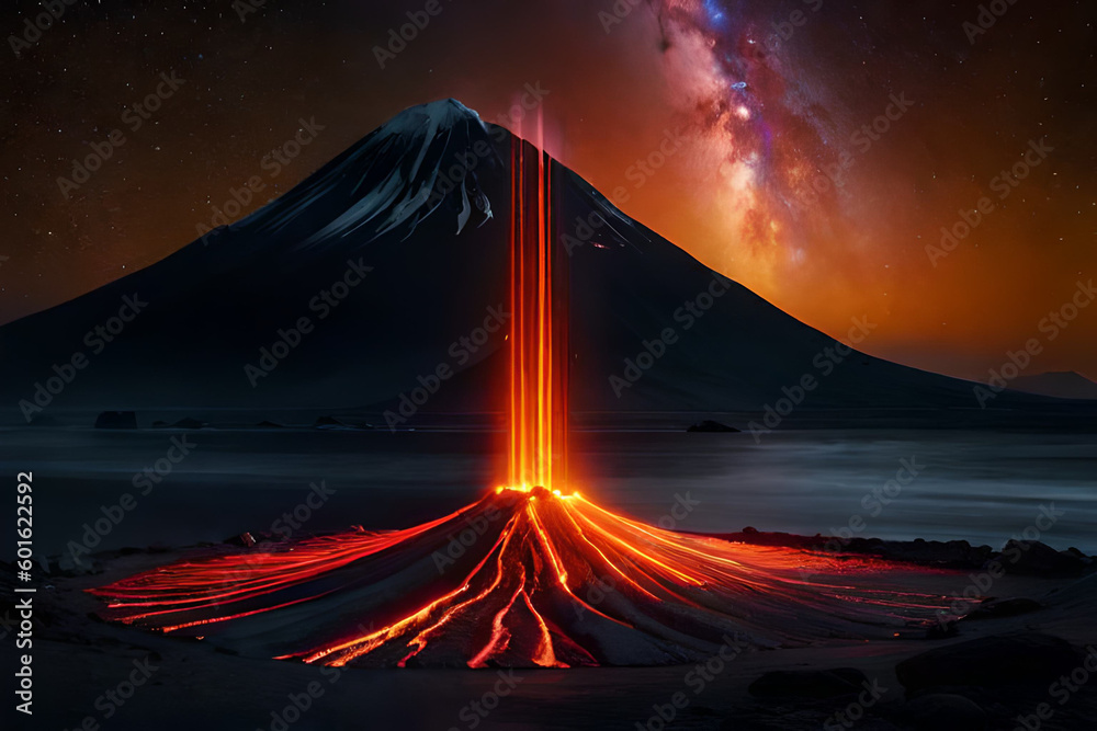 unreal volcano pouring flows of glowing lava , apocalyptic beauty of ...