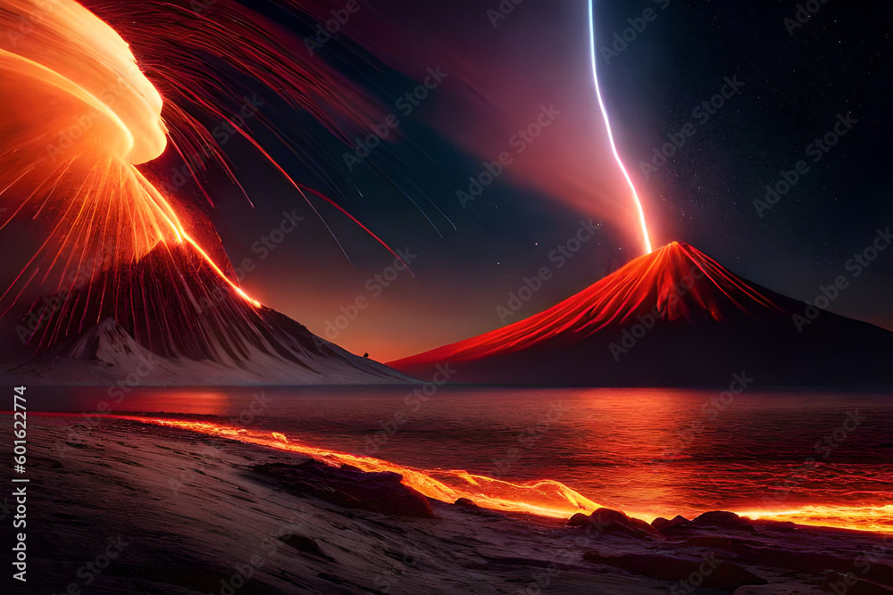 unreal volcano pouring flows of glowing lava , apocalyptic beauty of ...