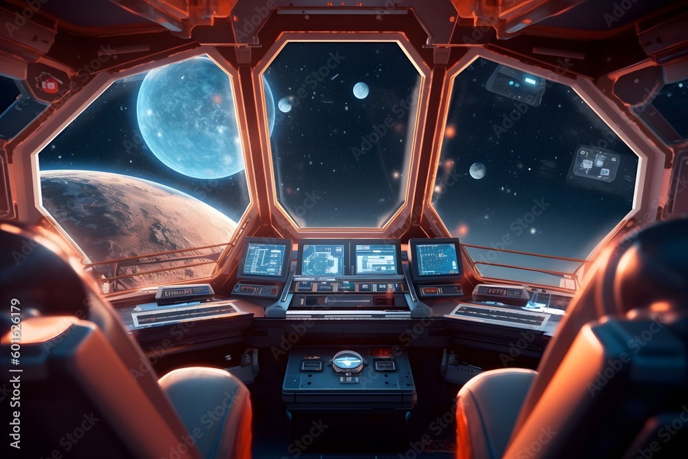 fantasy futuristic space-craft cabin with control panel, ai tools ...