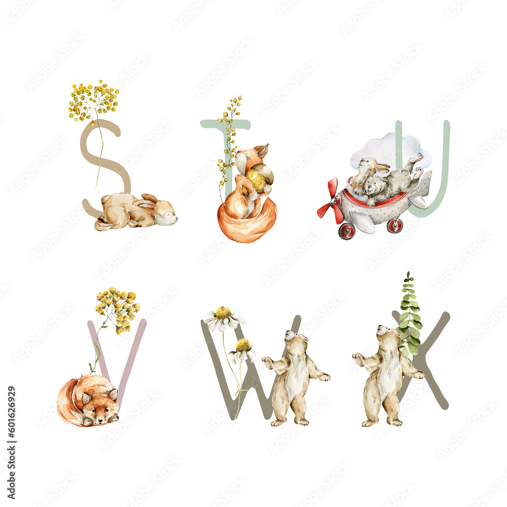 Watercolor cute woodland alphabet. Hand painted baby letters, numbers ...