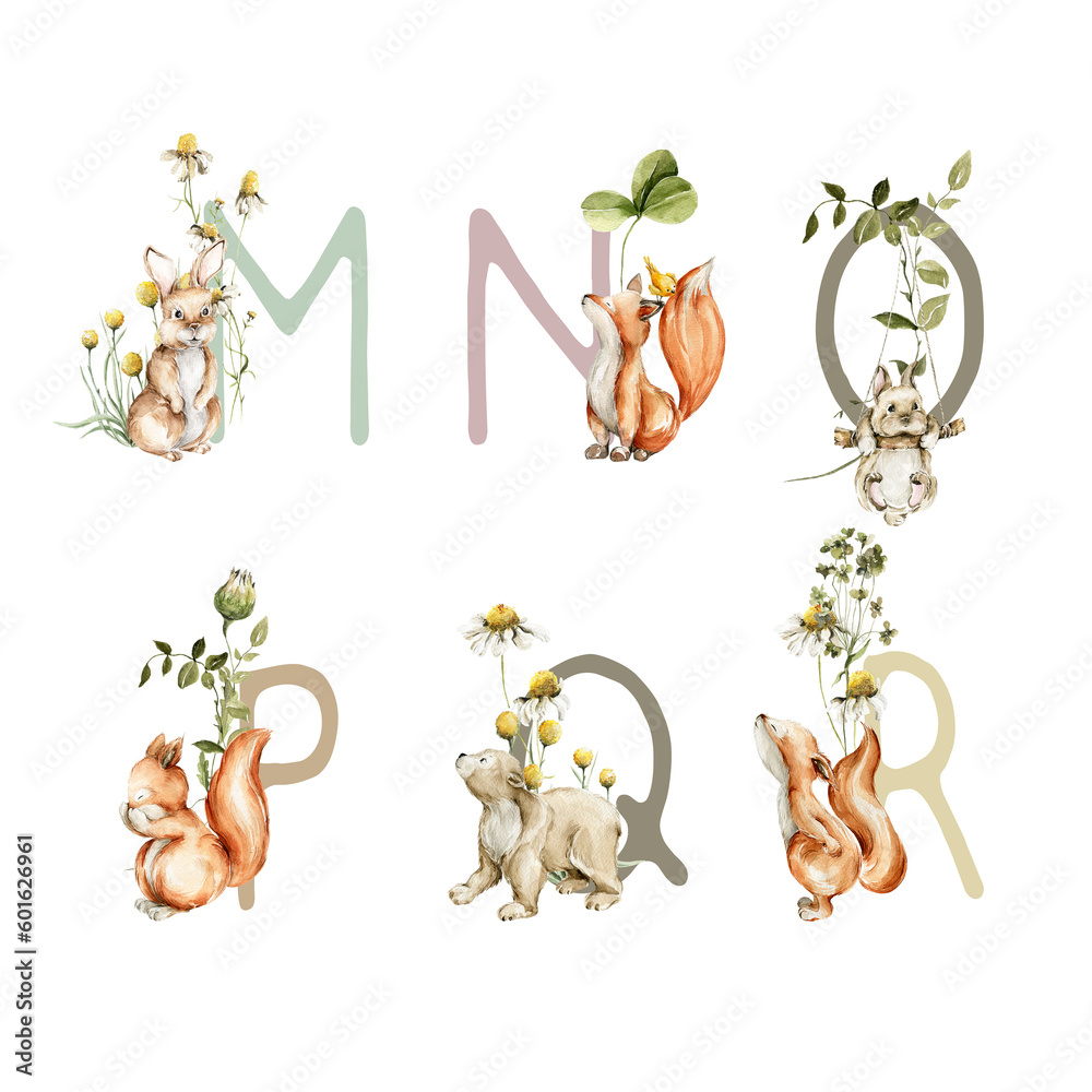 Watercolor cute woodland alphabet. Hand painted baby letters, numbers ...