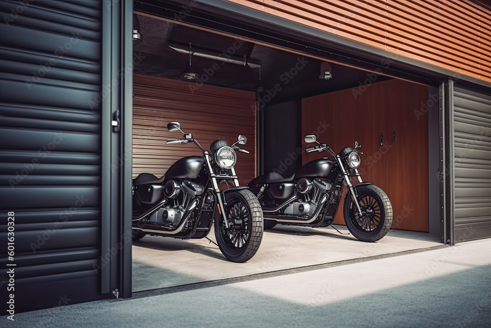 Modern garage doors with carport motorcycle parked in the driveway ...